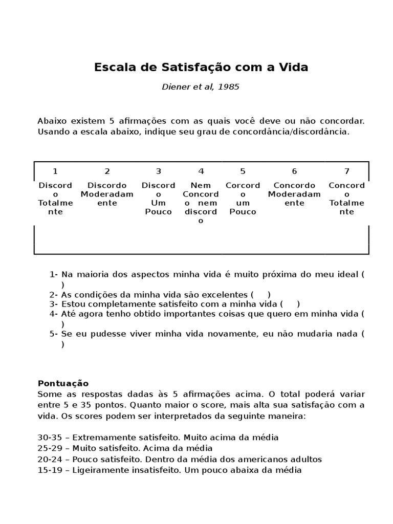 Escala de Satisfação Com A Vida 1 - Com Gabarito | PDF