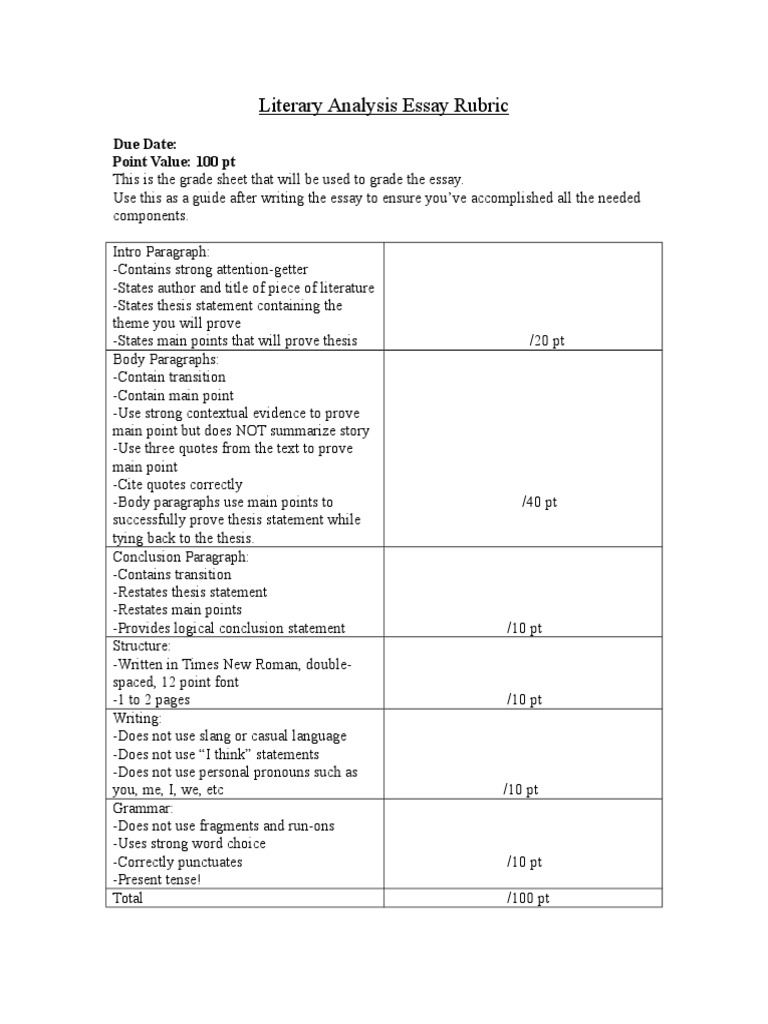 Literary Analysis Essay Grading Rubric | PDF | Language Arts & Discipline