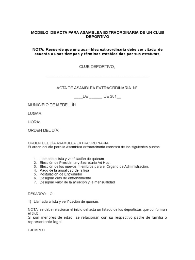 Modelo de Acta para Asamblea Extraordinaria | PDF | Quórum | Gobierno