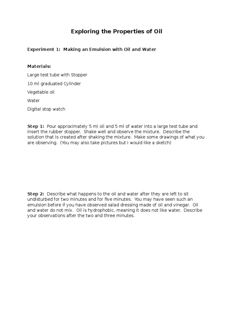 Oil and Water: Density and Emulsion Experiments | PDF | Chemical ...