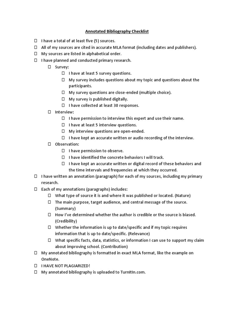 Annotated Bibliography Checklist | PDF