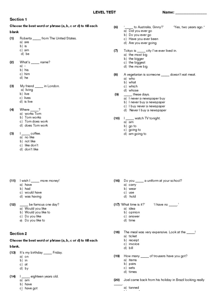 English Level Test | PDF | Tourism | Tourism And Leisure