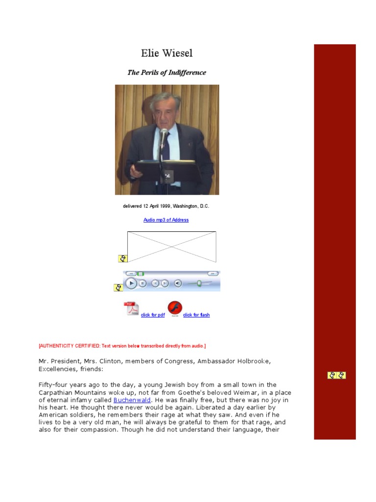 Elie Wiesel: The Perils of Indifference | PDF | Anger | Nazi Germany