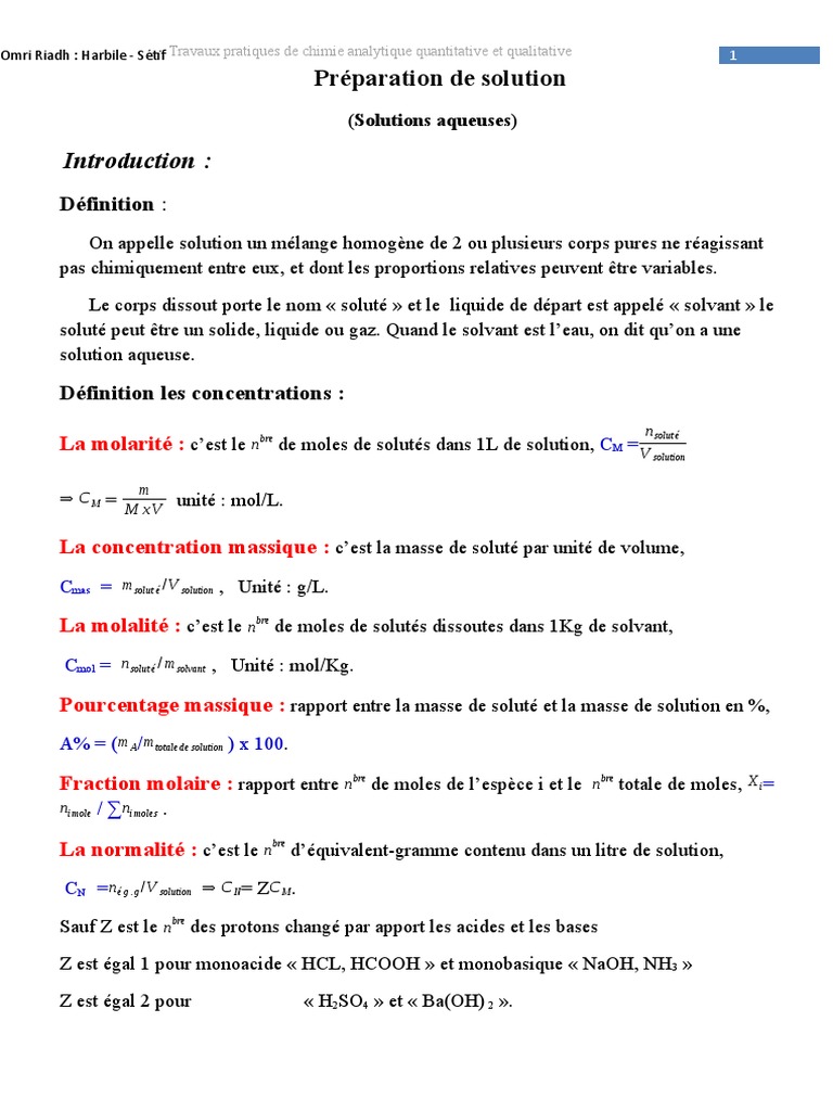 Préparation D'une Solution | PDF | Concentration molaire | Chimie