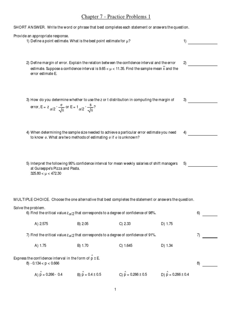 Questions & Answers Chapter - 7 Set 1 | PDF | Margin Of Error ...