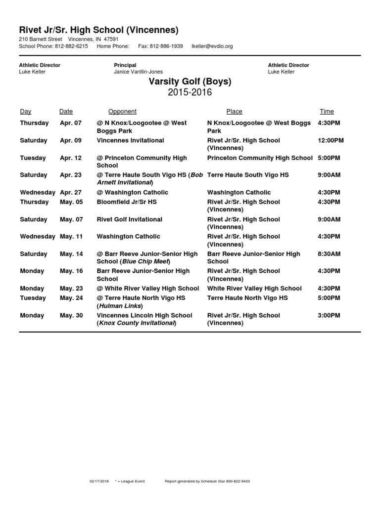 Rivet High School Golf Schedule 2016 | PDF