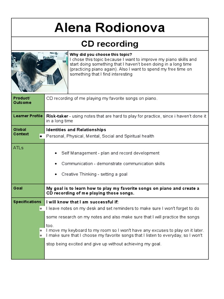 Piano CD Recording Project Goals | PDF | Career & Growth | Self-Improvement