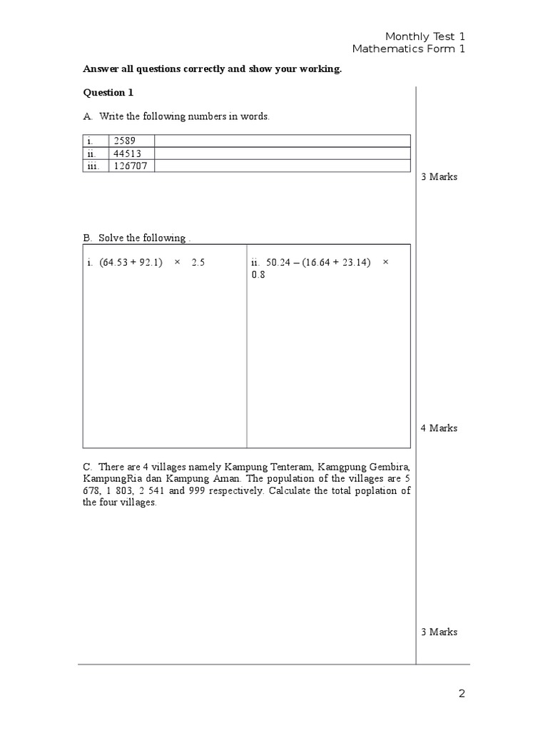 Answer All Questions Correctly and Show Your Working | PDF | Teaching ...
