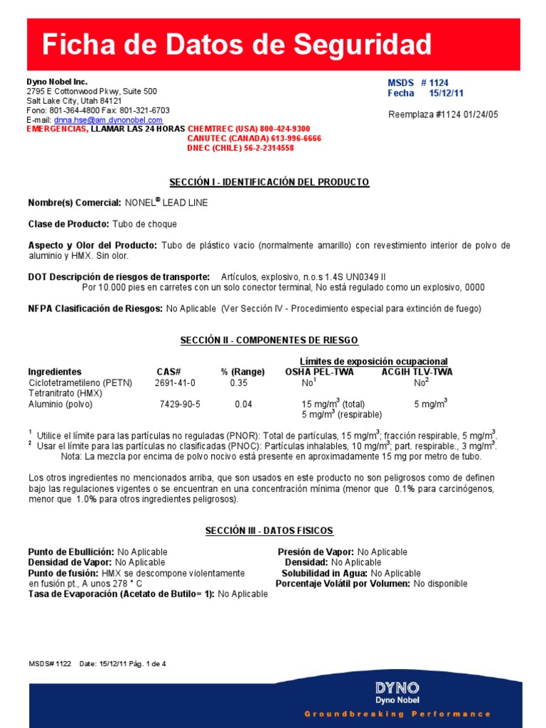 Dyno MSDS Lead in Line PDF | PDF | Material explosivo | Combustión