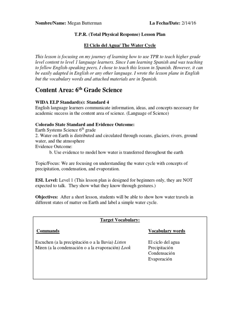 TPR Lesson Plan Water Cycle | PDF | Vocabulary | English As A Second Or ...
