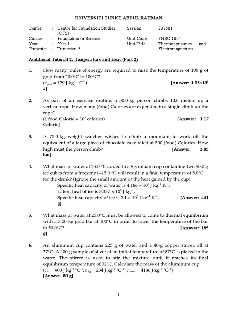 Additional Tutorial 2 Temperature Heat Part 2 | PDF | Heat | Heat Capacity