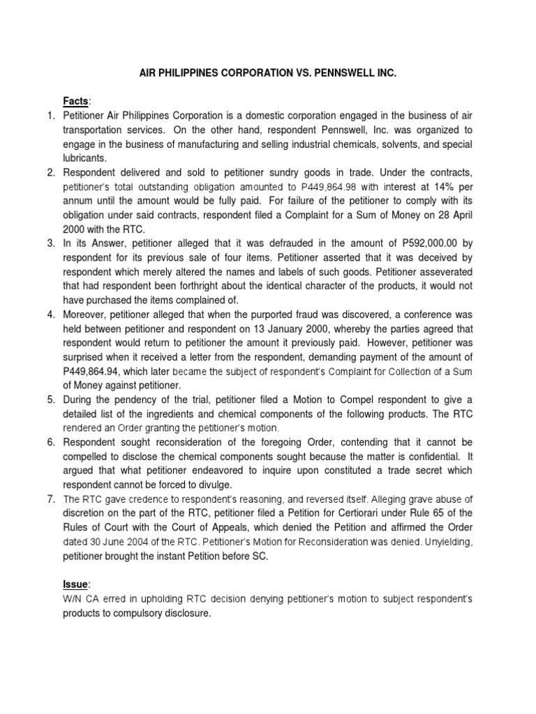 Air Philippines Corporation vs. Pennswell Inc. Digest | PDF | Trade ...