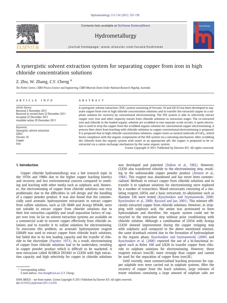 A Synergistic Solvent Extraction System For Separating Copper From Iron ...