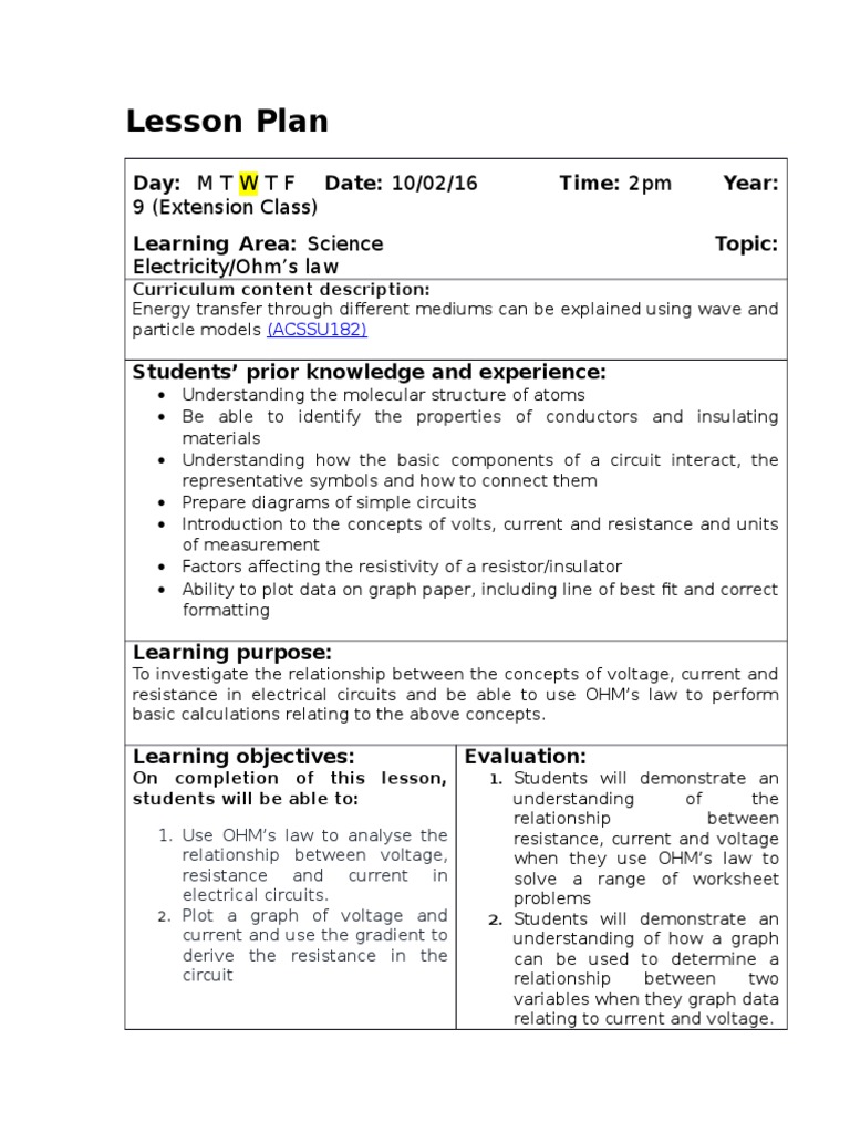 Lesson Plan Electricity and Ohms Law | PDF | Electrical Resistance And ...