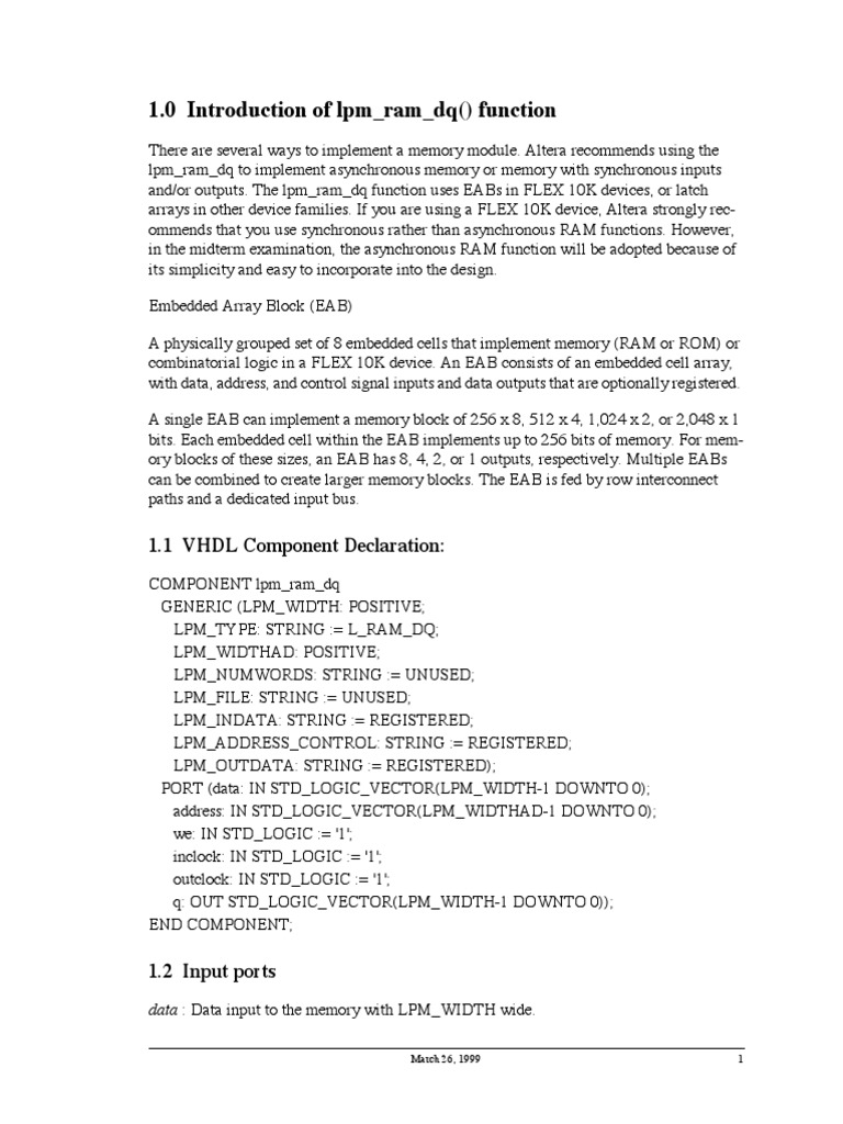 An Introduction to Implementing Asynchronous Memory Using the lpm_ram_dq Function in VHDL | PDF ...