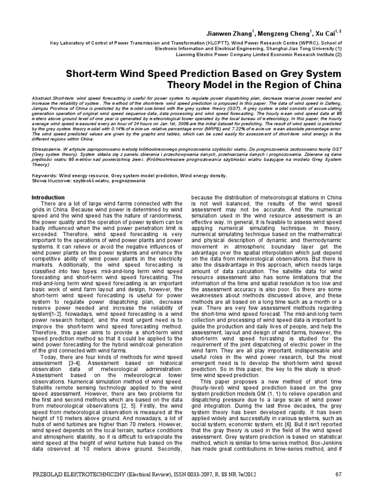 Short-Term Wind Speed Prediction Based On Grey System Theory Model in The Region of China | PDF ...