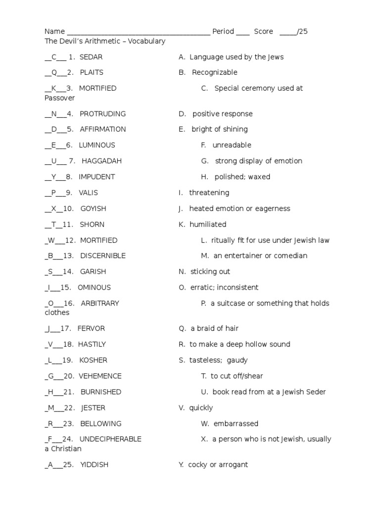 Devil's Arithmetic Vocabulary Quiz | PDF