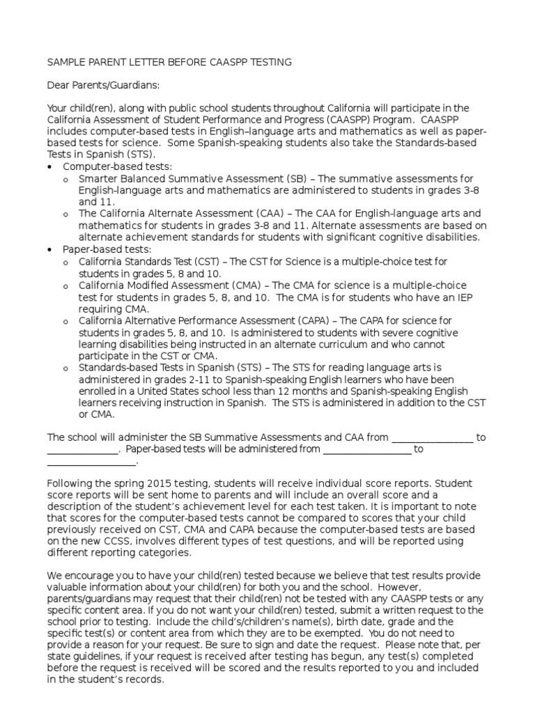 CAASPP Testing Opt-Out Letter Sample | PDF | Educational Assessment ...