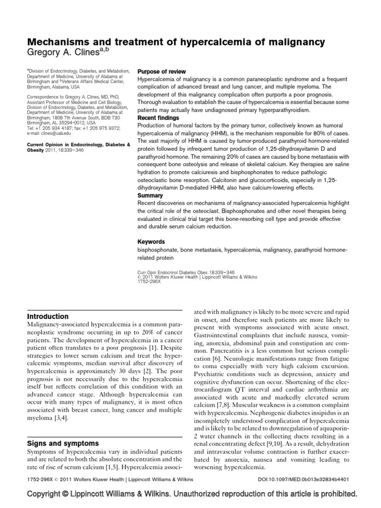 Mechanisms and Treatment of Hypercalcemia of Malignancy | PDF | Metastasis | Cancer
