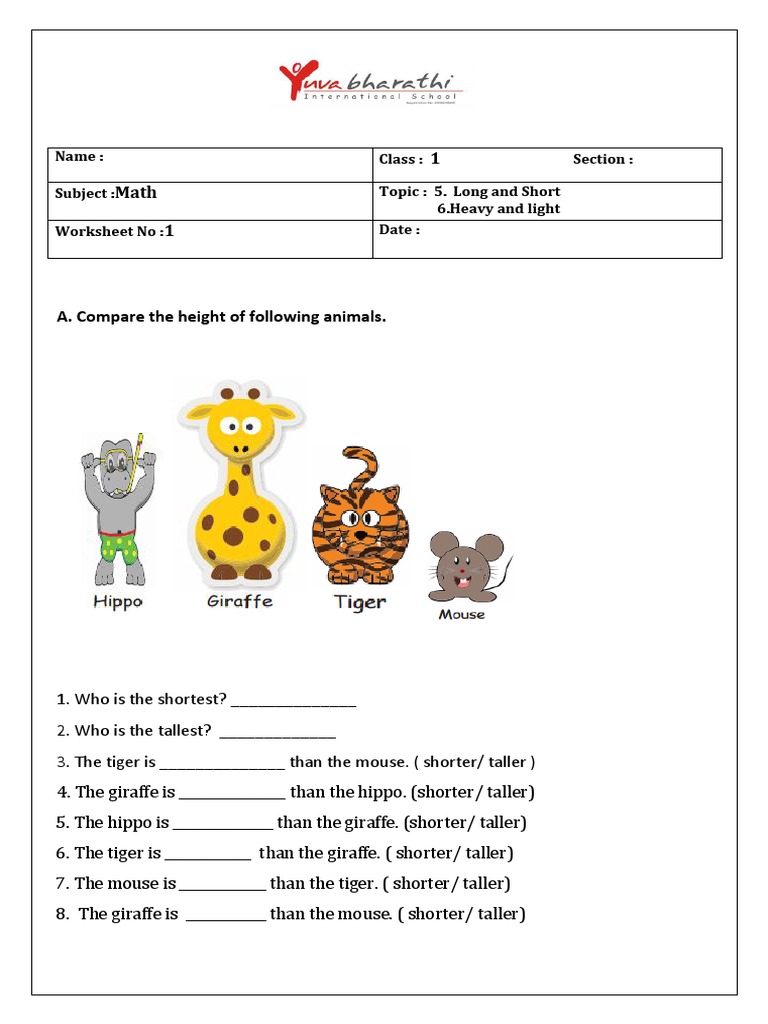 Heavy and Light Worksheet for Grade 1 | PDF | Teaching Methods ...