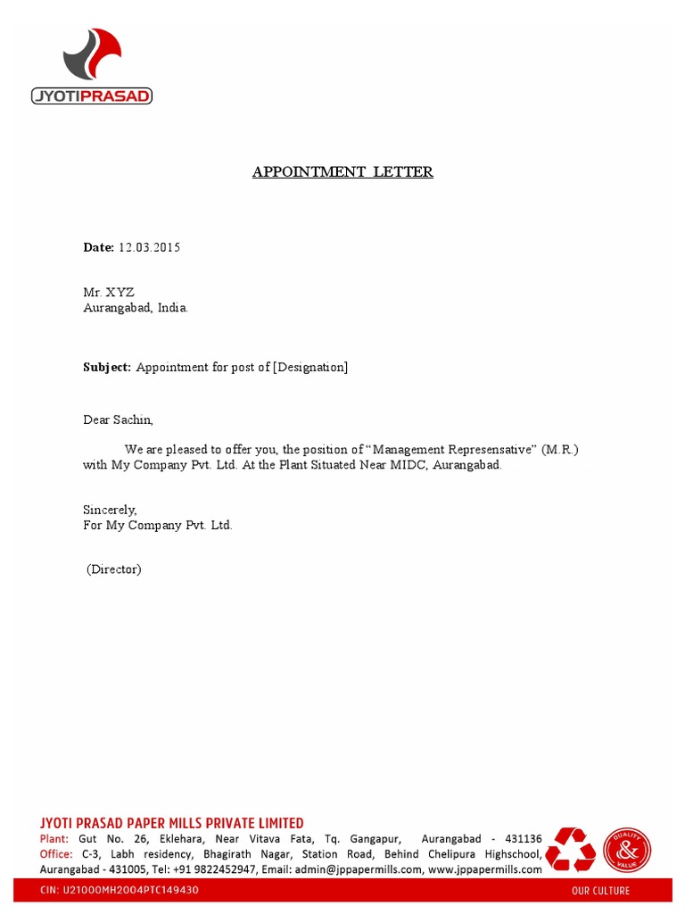 Appointment Letter for Management Representative | PDF