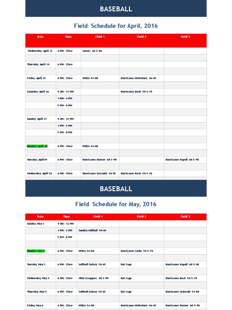 2016 Baseball Calendar | PDF | Sports | Team Sports