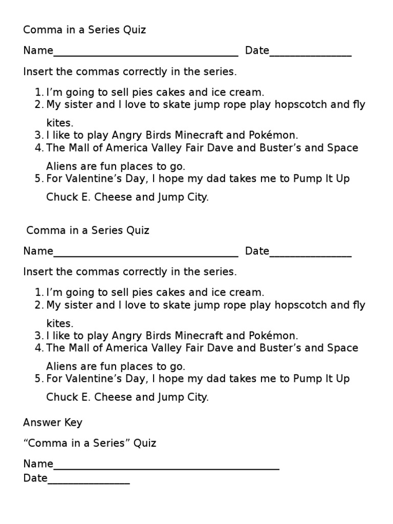 Commas in a Series Quiz for Kids | PDF | Home & Garden
