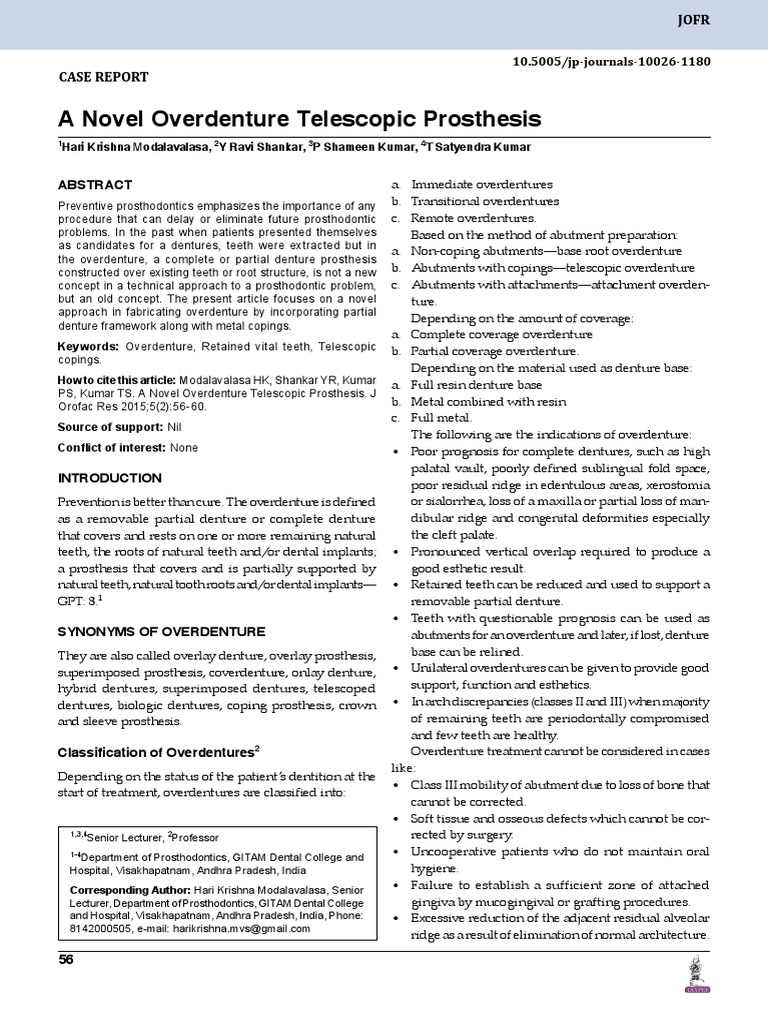 A Novel Overdenture Telescopic Prosthesis PDF | PDF | Dentures | Human ...