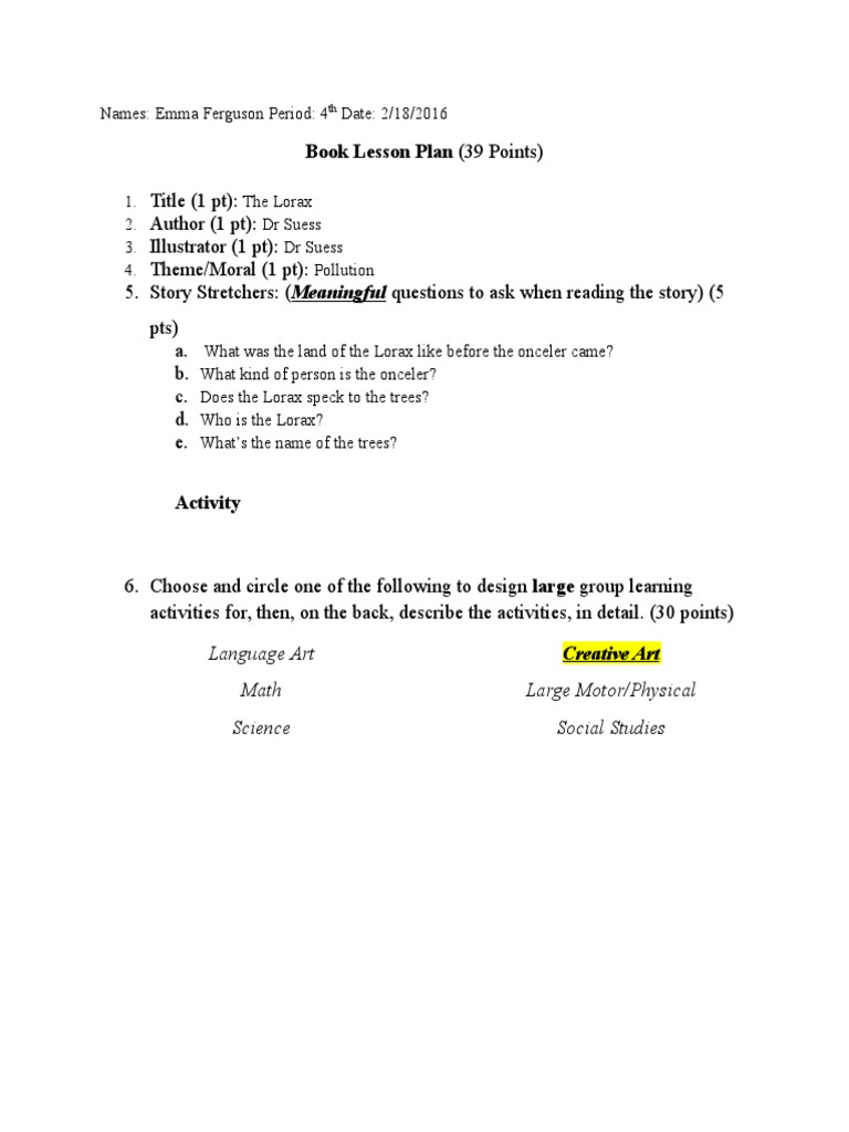 Lorax Themed Preschool Lesson Plan | PDF