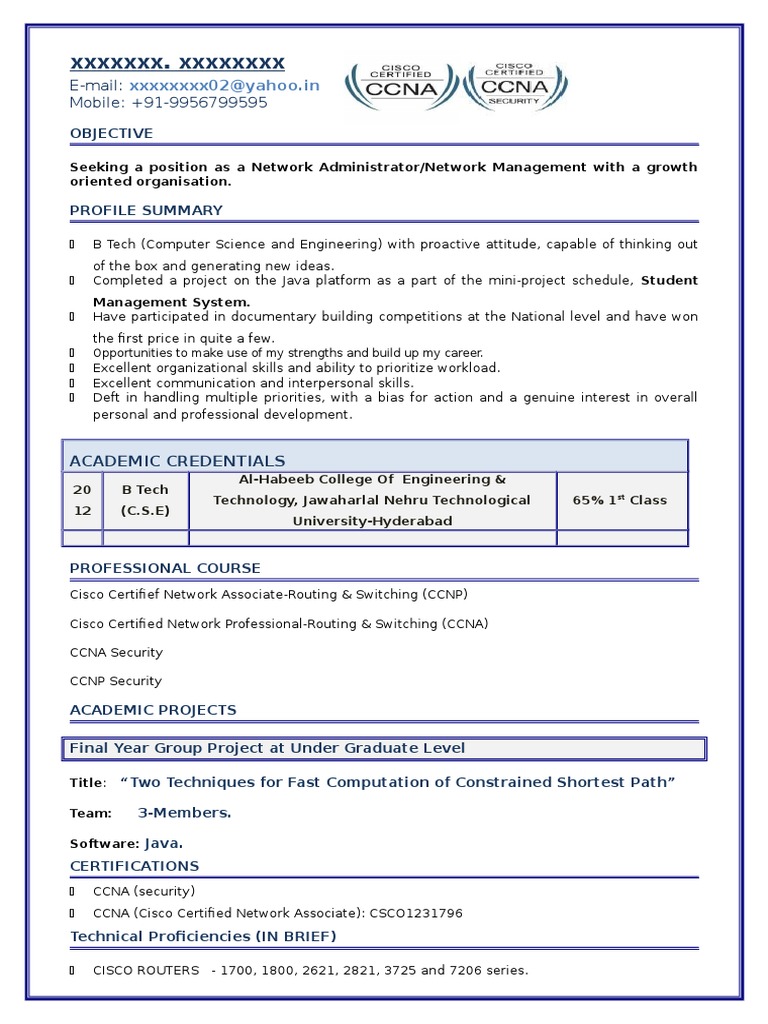 Resume Format | PDF | Cisco Certifications | Cisco Systems