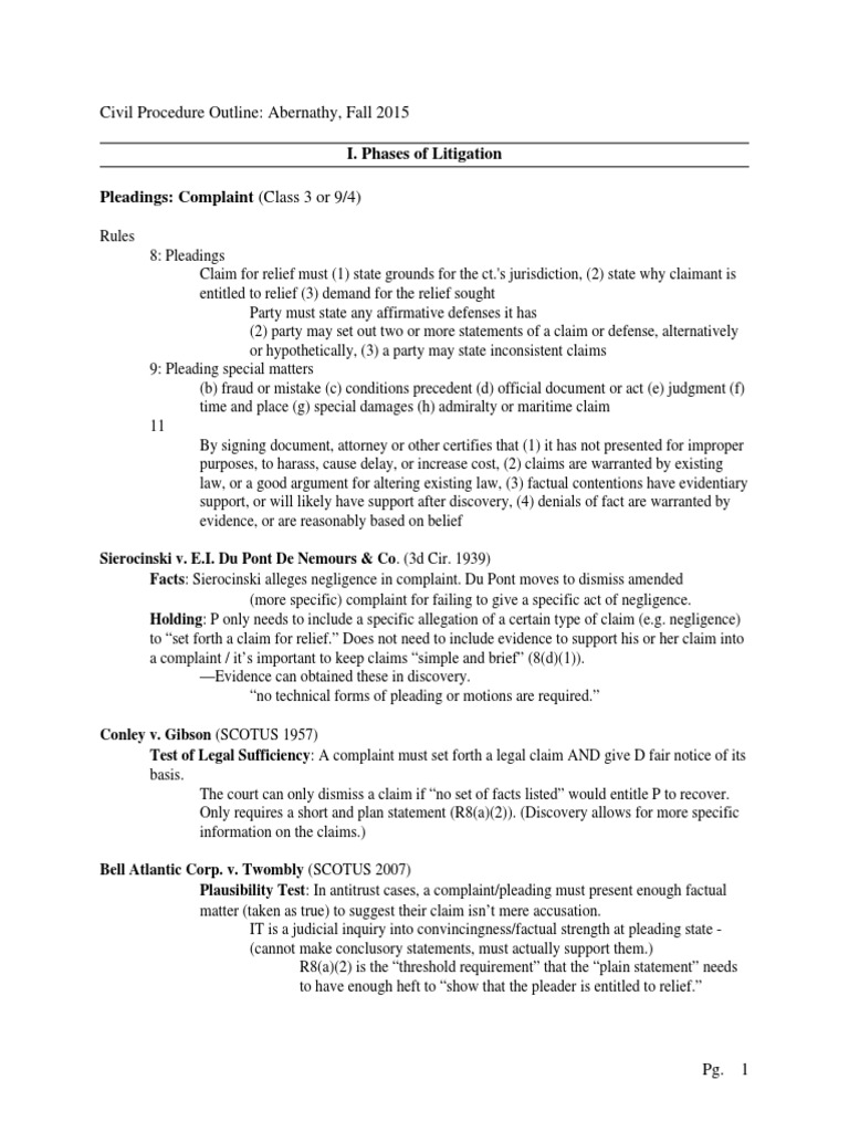 Civ Pro Outline | Diversity Jurisdiction | Pleading