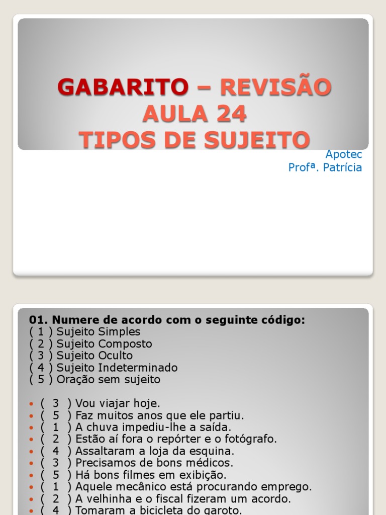 Plano De Aula Tipos De Sujeito Ensino Medio