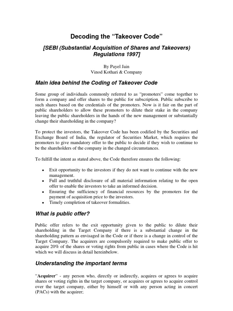 Decoding The Takeover Code | Download Free PDF | Takeover | Mergers And ...