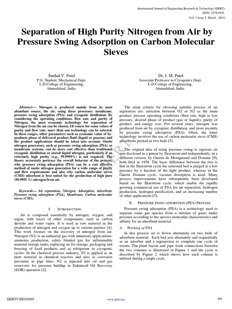 Separation of High Purity Nitrogen From Air by Pressure Swing ...
