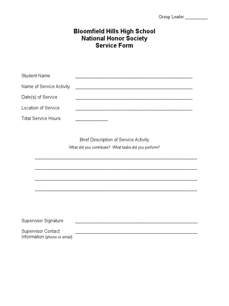 Bloomfield Hills High School National Honor Society Service Form | PDF