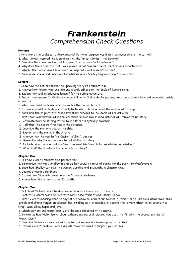 Frankenstein Comprehension Questions | PDF | Frankenstein | Mary Shelley