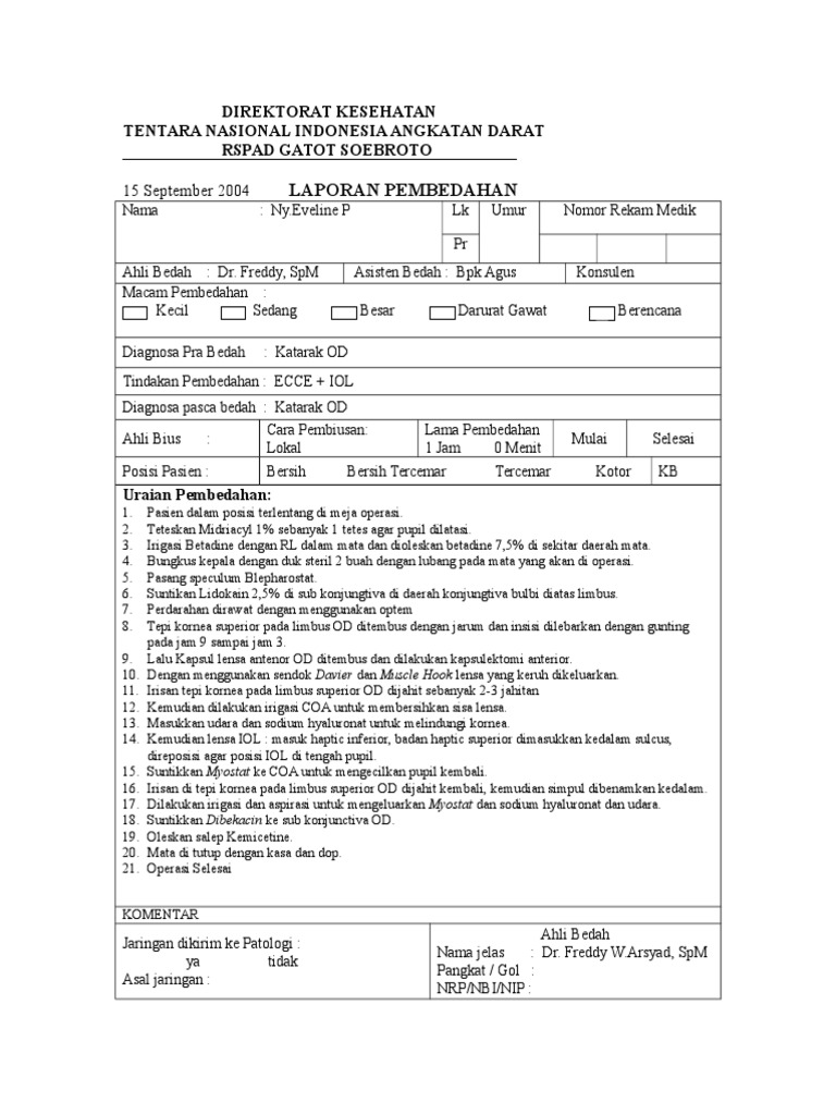 Laporan Operasi Katarak ECCE IOL | PDF