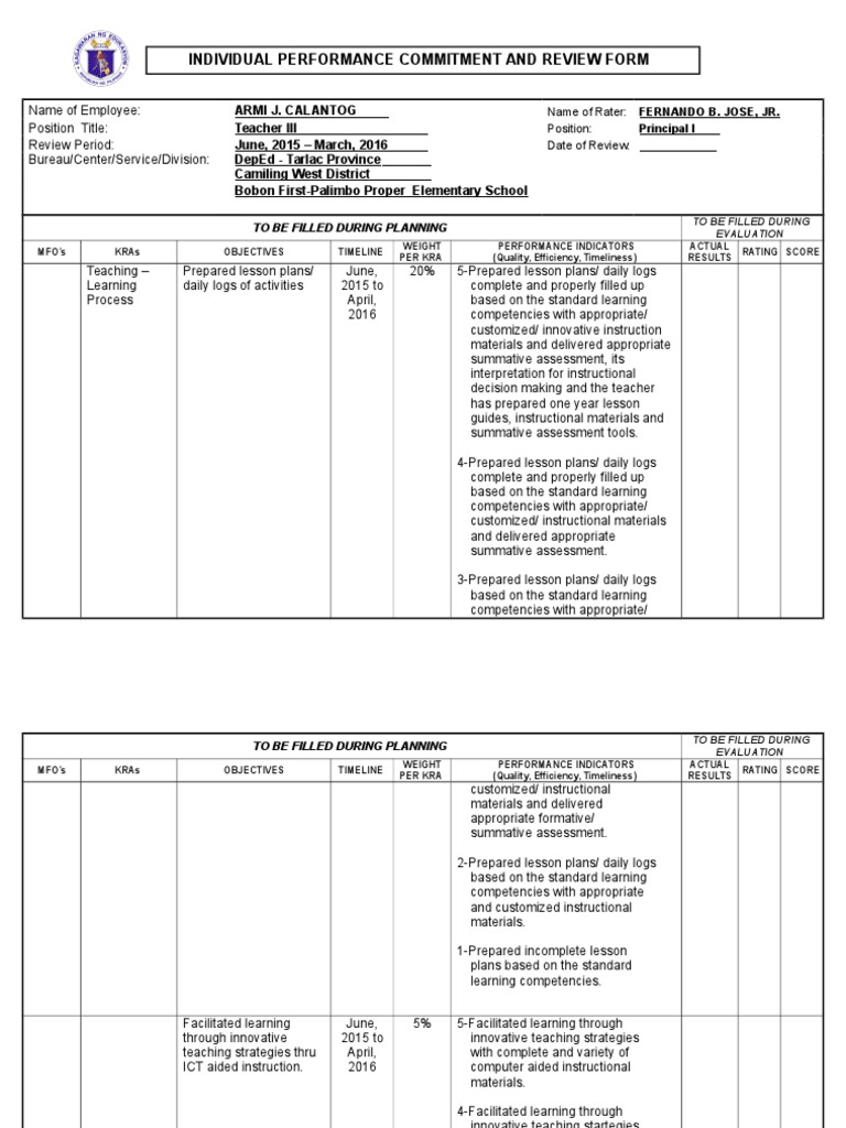 Individual Performance Commitment and Review Form | PDF | Lesson Plan ...