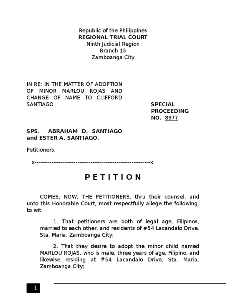 Sample Petition For Adoption | PDF | Mother | Adoption