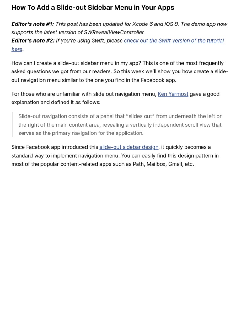 How To Add A Slide-Out Sidebar Menu in iOS Apps - iOS Programming | PDF | Tag (Metadata) | Ios