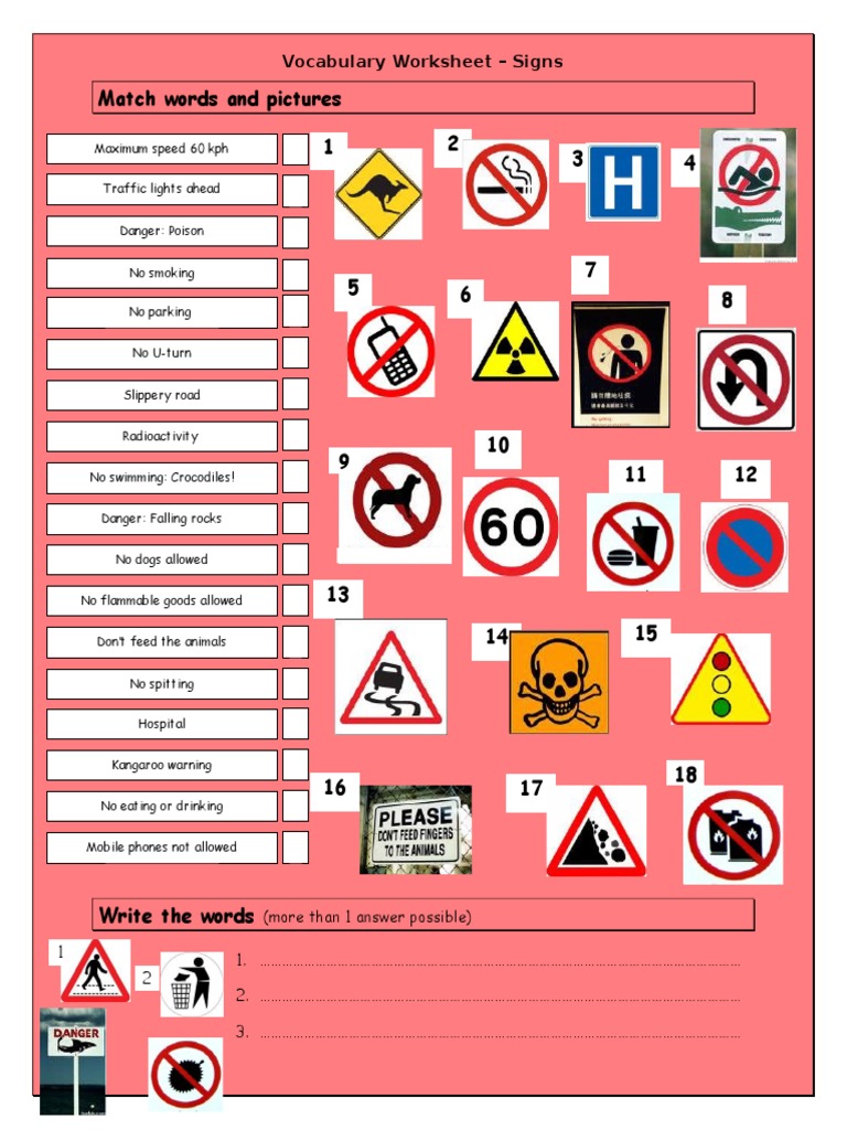 3807 Vocabulary Matching Worksheet Signs | PDF
