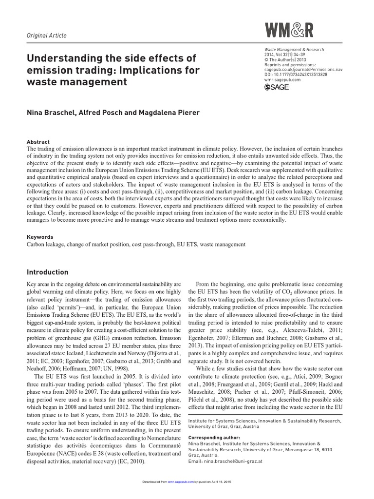 Waste Manag Res 2014 Braschel 34 9 | PDF | Emissions Trading | Survey ...