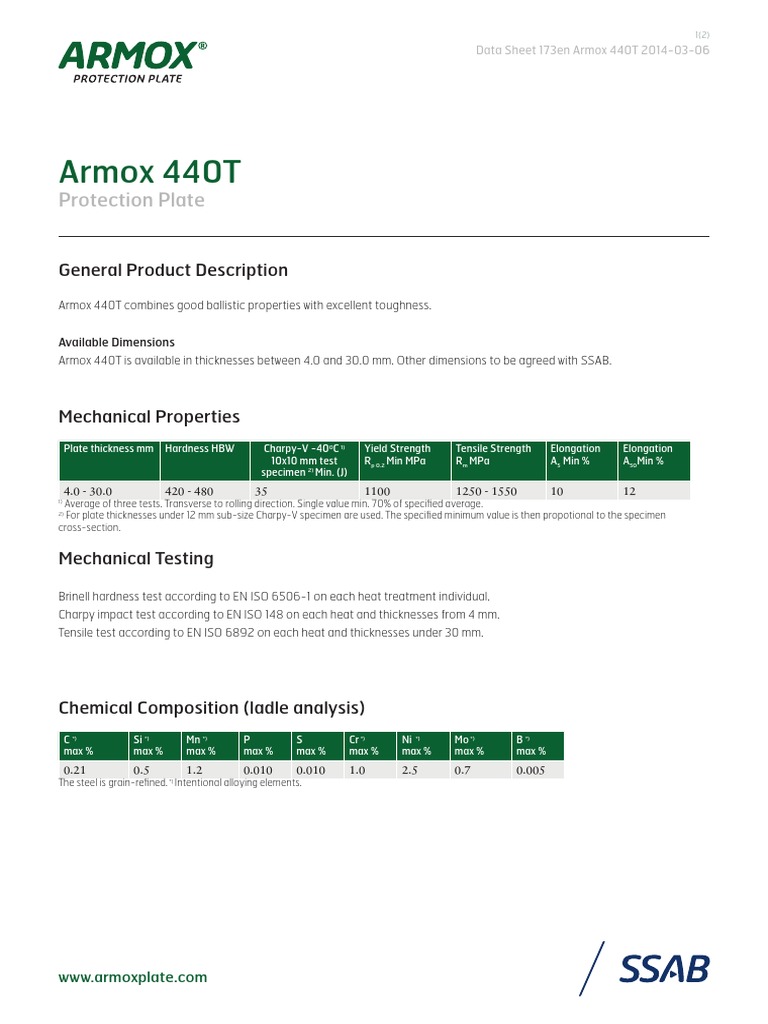 173 Armox 440t Uk Data Sheet | PDF | Structural Steel | Crafts