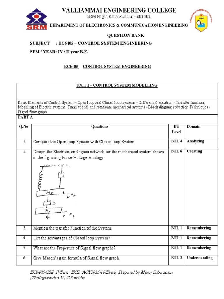 EC6405-Control Systems Engineering | PDF | Control Theory | Stability Theory