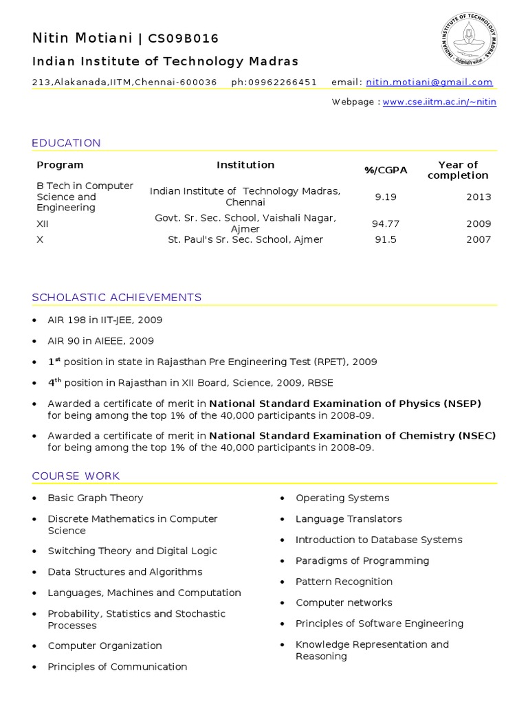 Resume Nitin Iit Madras | Java Server Pages | Software Engineering