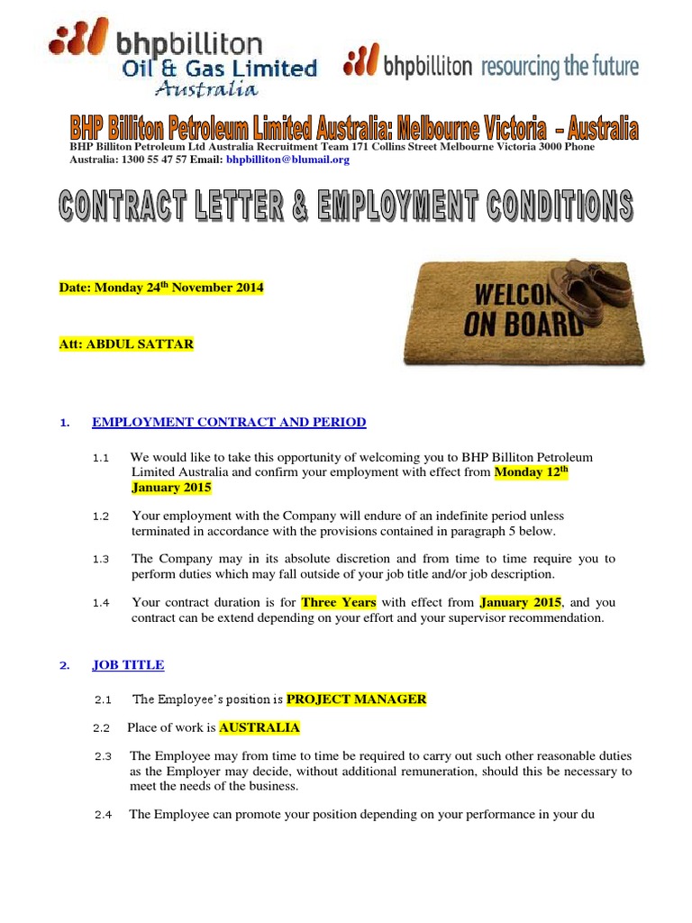 BHP Billiton Petroleum Employment Contract | PDF | Salary | Overtime