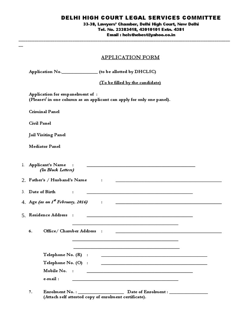 Delhi High Court Legal Services Committee: Application Form | PDF