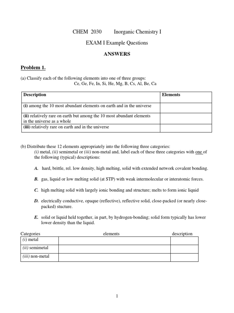 CHEM 2030 Inorganic Chemistry I EXAM I Example Questions | PDF | Ion | Atomic Orbital