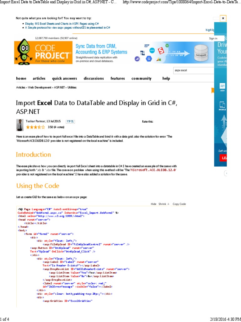 Import Excel Data To Datatable And Display In Grid In C Asp Pdf C Sharp Programming