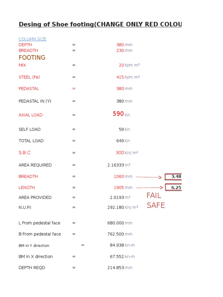 Footing: Desing of Shoe Footing (CHANGE ONLY RED COLOUR CELLS) | PDF ...